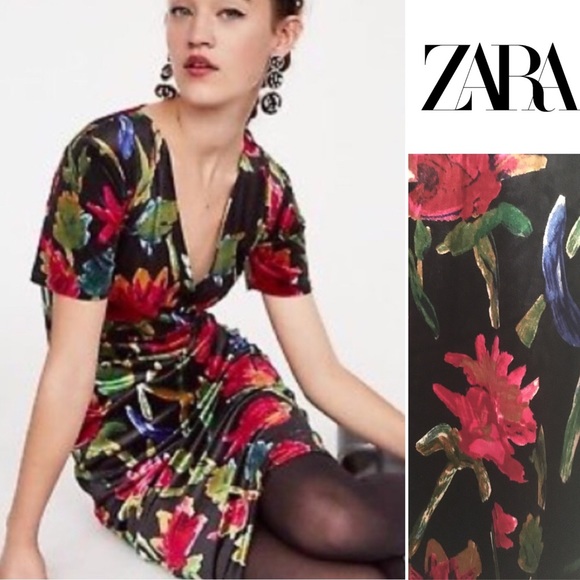 Zara | Dresses | Zara Velvet Floral Print Black Bodycon Midi Dress ...